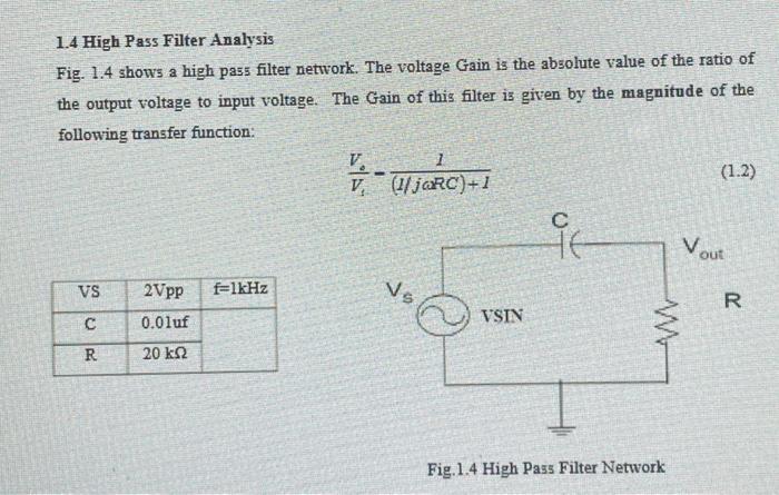 Solved 1.4 High Pass Filter Analysis Fig. 1.4 shows a high | Chegg.com