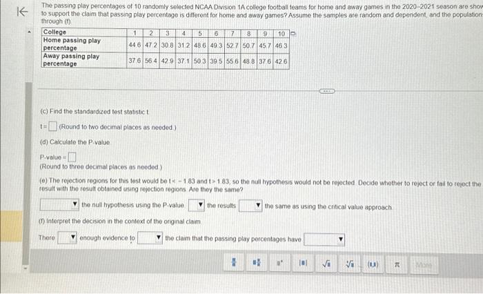 Solved The passing play percentages of 10 randomly selected | Chegg.com