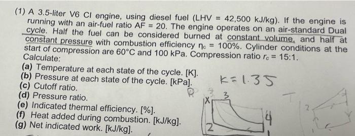Solved (1) A 3.5-liter V6 CI engine, using diesel fuel (LHV | Chegg.com