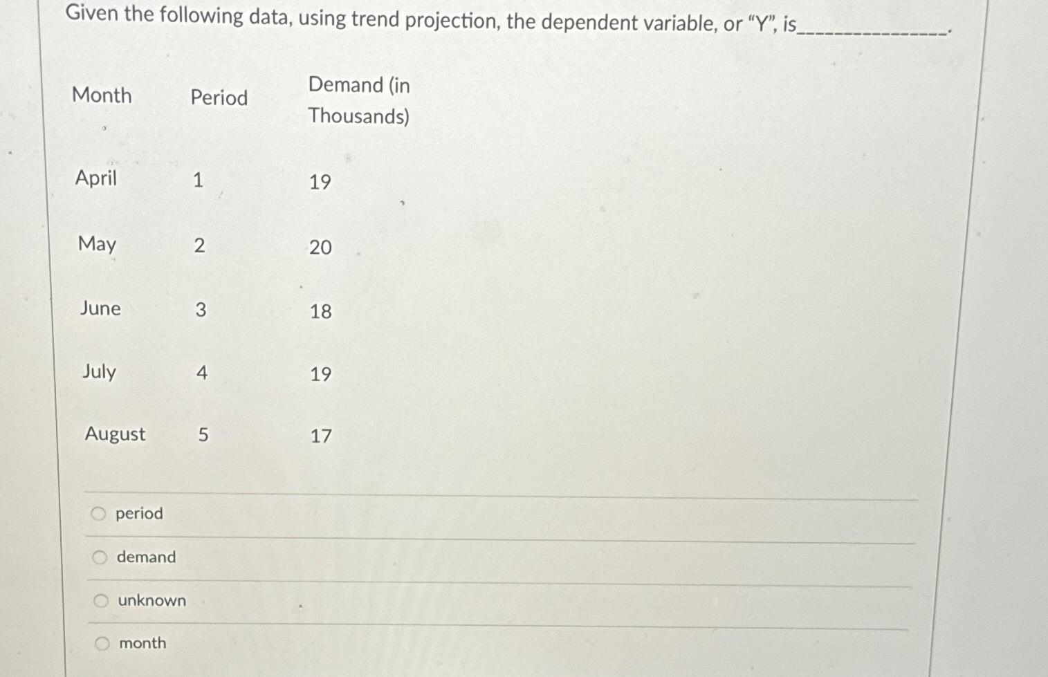 Solved Given the following data, using trend projection, the | Chegg.com