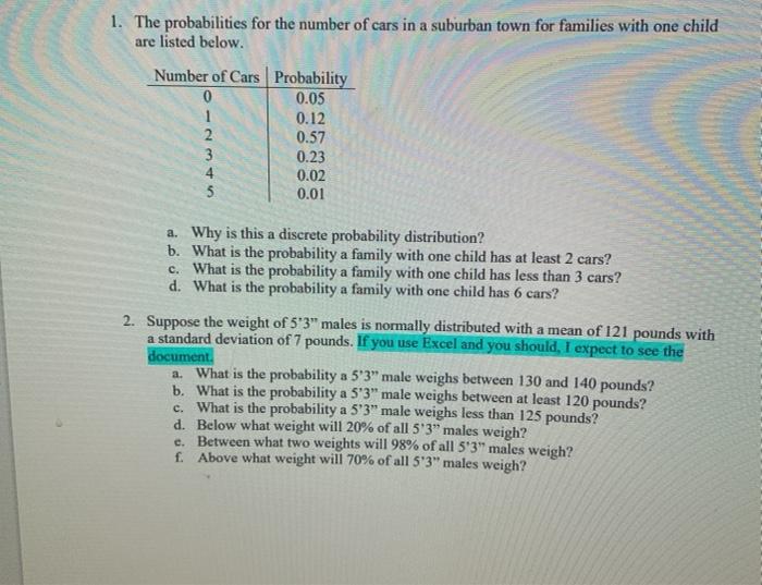 Solved 1. The probabilities for the number of cars in a | Chegg.com