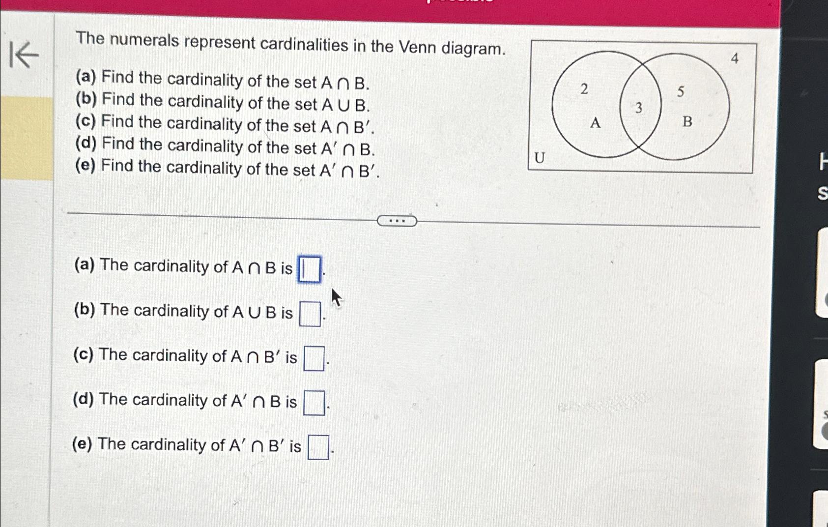 Solved The numerals represent cardinalities in the Venn | Chegg.com