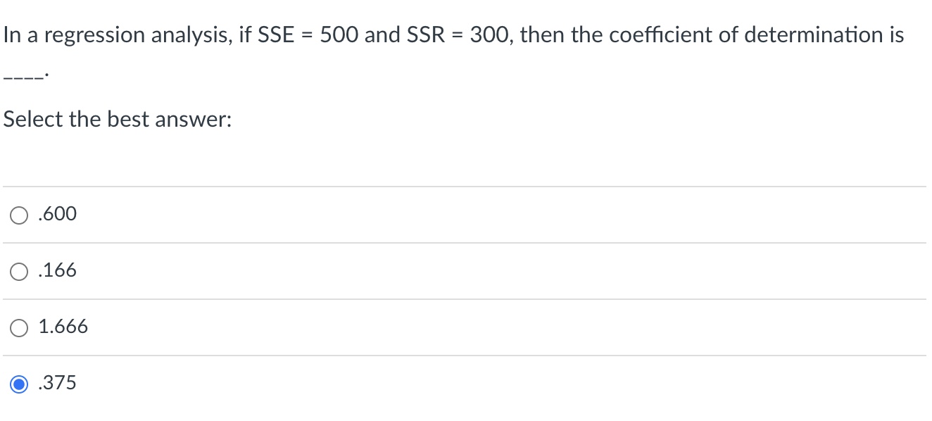 Solved In a regression analysis, if SSE =500 ﻿and SSR =300, | Chegg.com