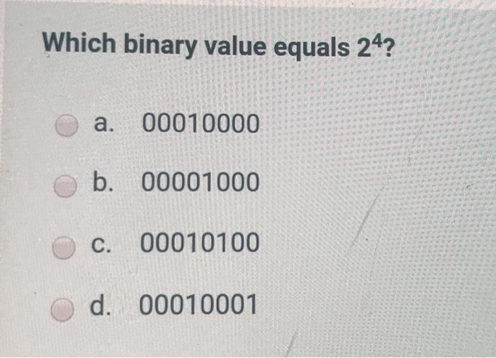Solved Which binary value equals 24? a. 00010000 b. 00001000 | Chegg.com