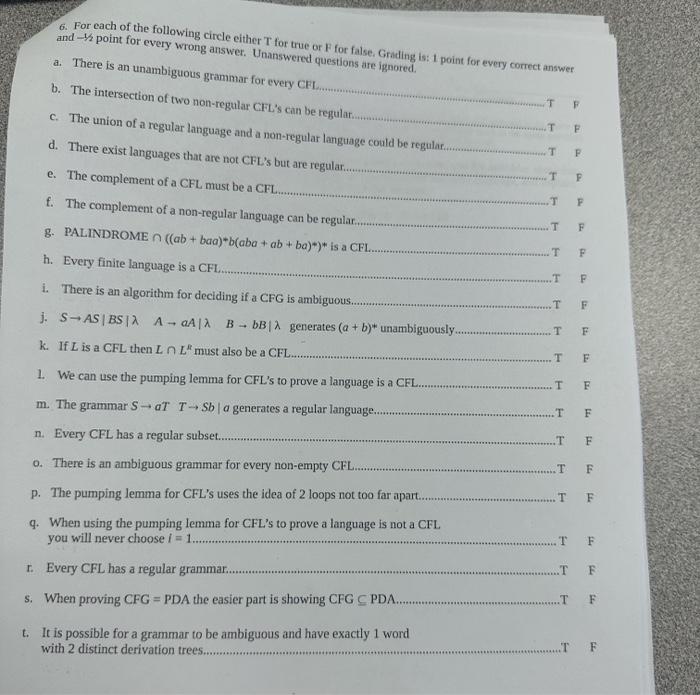 Solved 6. For each of the following circle either T for true | Chegg.com