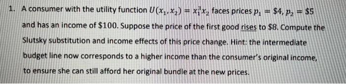 Solved A consumer with the utility function U(x1,x2)=x13x2 | Chegg.com