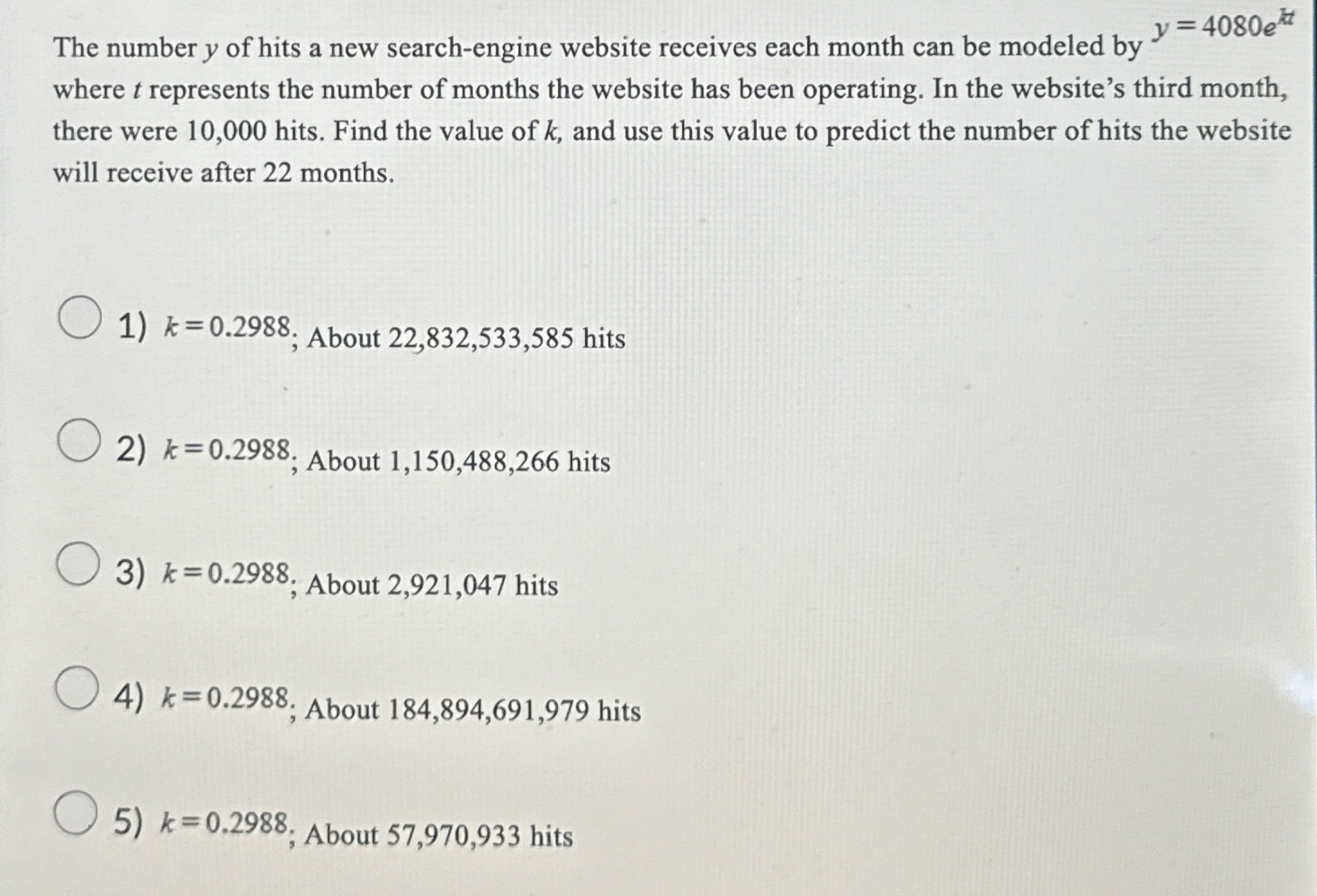 Solved The number y ﻿of hits a new search-engine website | Chegg.com
