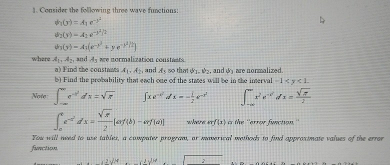 Solved 1. Consider the following three wave functions: (-) = | Chegg.com