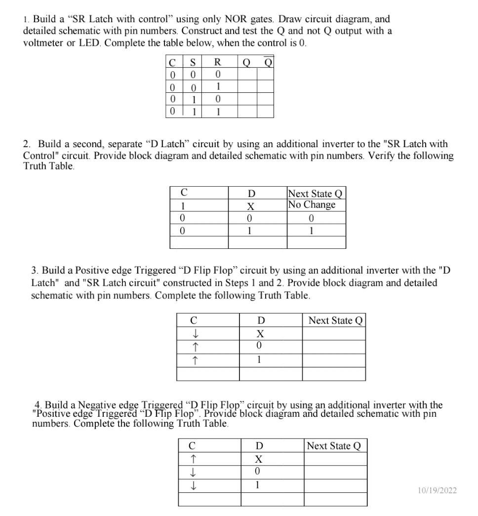 Solved 1. Build a "SR Latch with control" using only NOR | Chegg.com