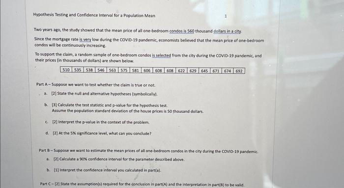 Solved Hypothesis Testing and Confidence Interval for a | Chegg.com