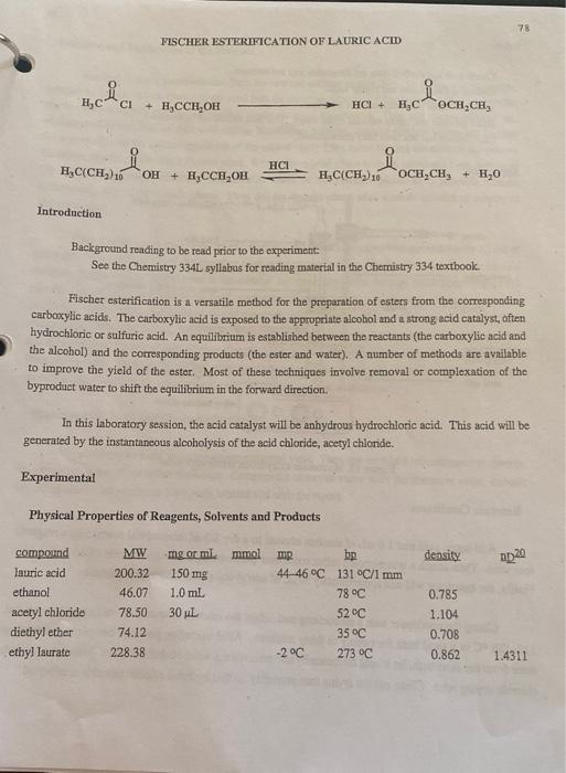 Solved REPORT FORM: FISCHER ESTERIFICATION OF LAURIC ACID | Chegg.com
