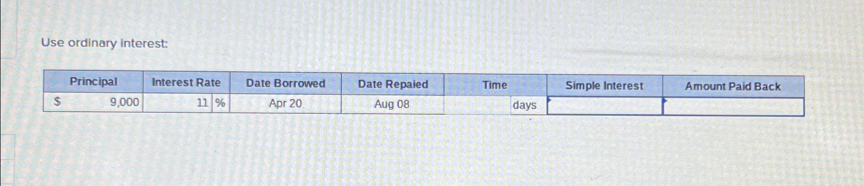 Solved Use ordinary interest:\table[[Principal,Interest | Chegg.com