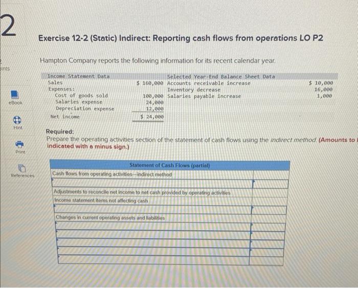 Solved Exercise 12-2 (Static) Indirect: Reporting cash flows | Chegg.com