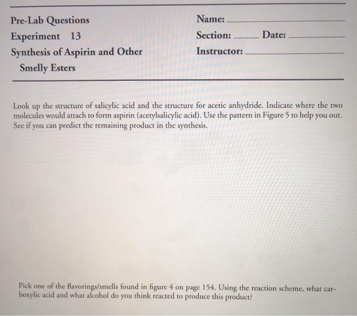 Solved Pre-Lab Questions Experiment 13 Synthesis of Aspirin | Chegg.com