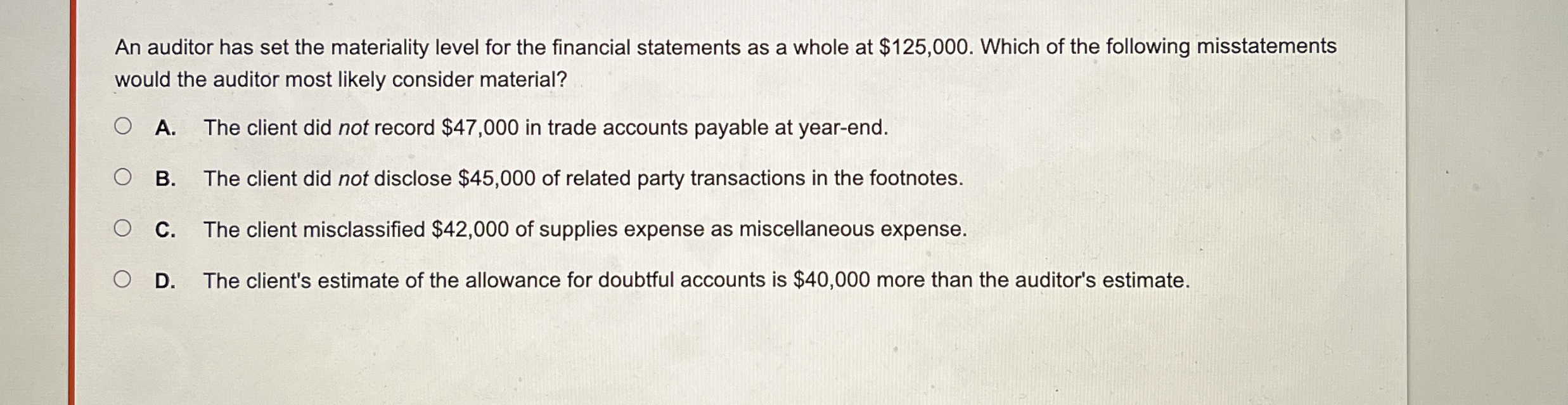 Solved An auditor has set the materiality level for the | Chegg.com