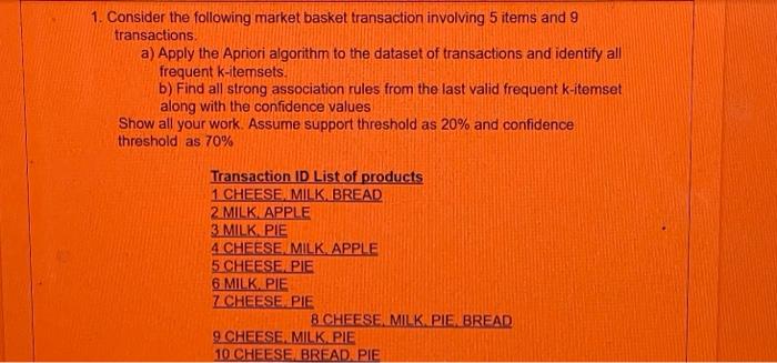 Solved 1. Consider the following market basket transaction | Chegg.com