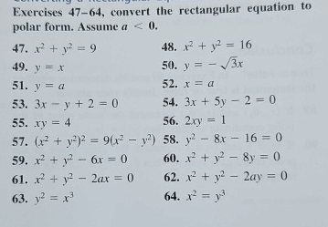Solved Exercises 47-64, ﻿convert the rectangular equation to | Chegg.com