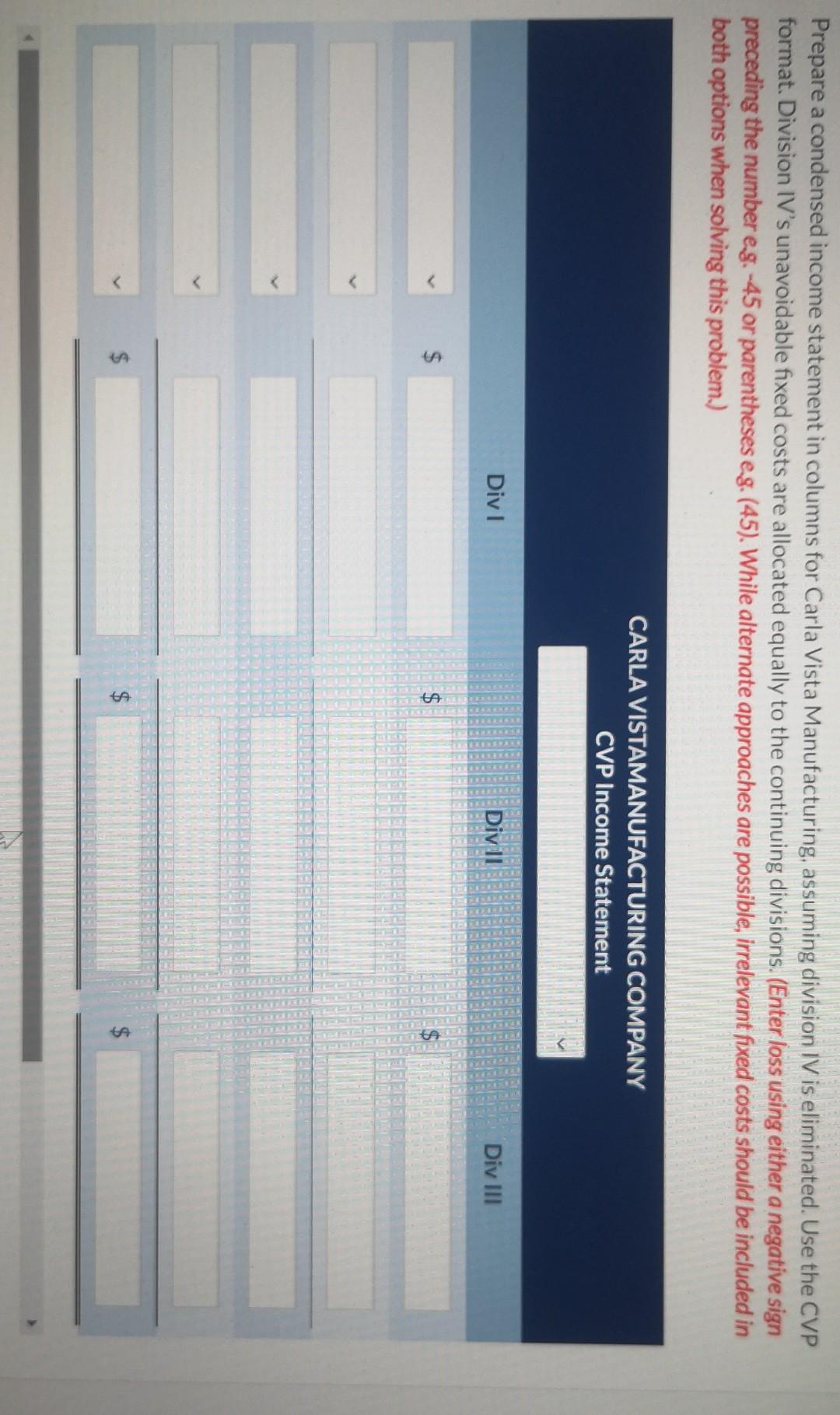 Solved Carla Vista Manufacturing Company has four operating | Chegg.com