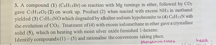 Solved 3. A compound (1) (C6H13Br) on reaction with Mg | Chegg.com