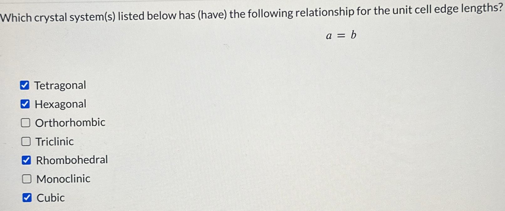 Solved Which crystal system(s) ﻿listed below has (have) ﻿the | Chegg.com