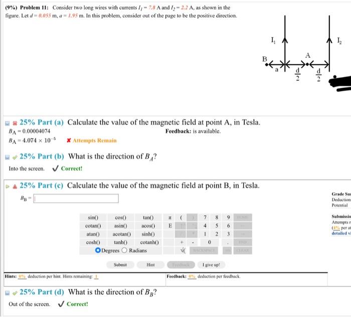 Solved (9%) Problem 11: Consider two long wires with | Chegg.com Solved (9%) Problem 11: Consider two long wires with | Chegg.com
