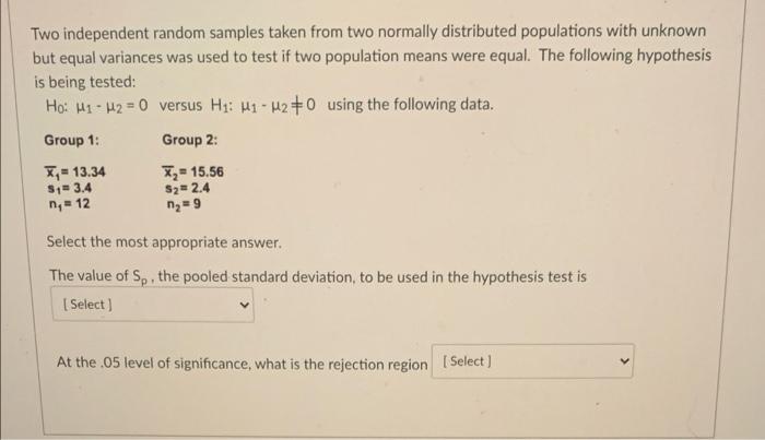 Solved Two independent random samples taken from two | Chegg.com
