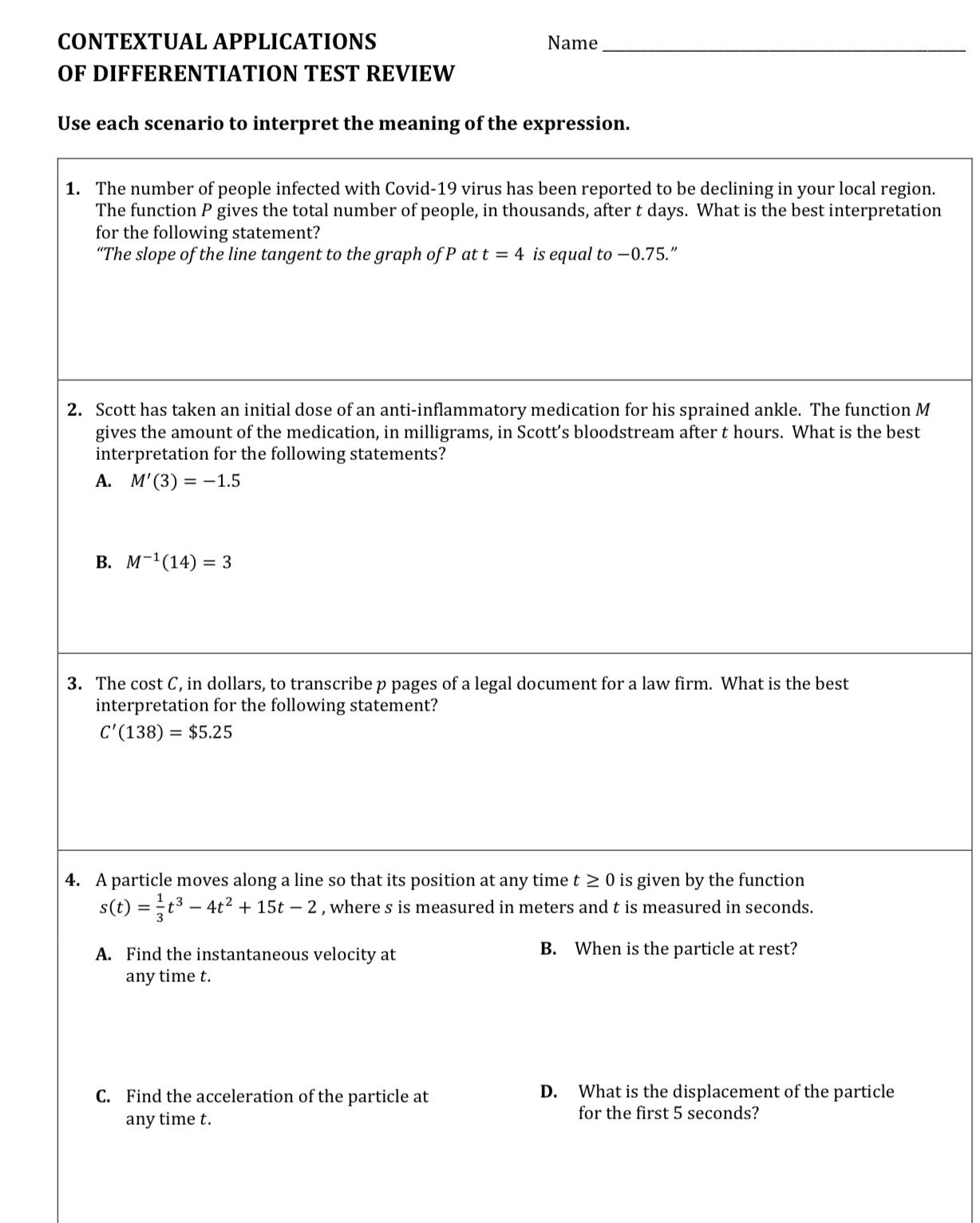 Solved CONTEXTUAL APPLICATIONSNameOF DIFFERENTIATION TEST | Chegg.com