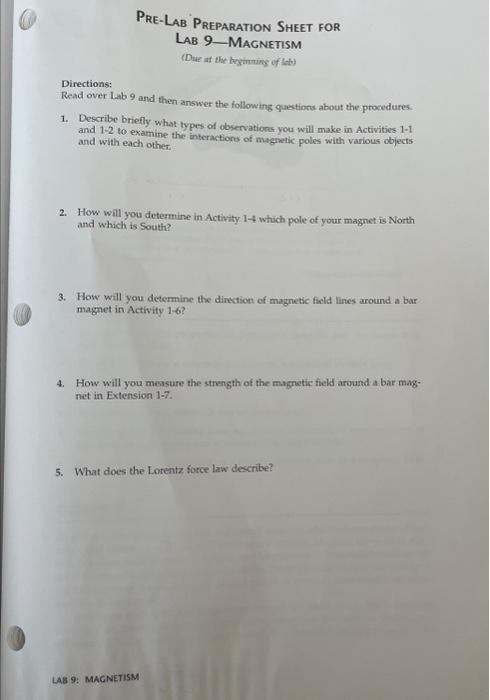 Solved LAB 9-MAGNETISM (Due at the bectinting of lebl | Chegg.com