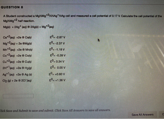 Solved + Co+2 QUESTION 6 What is the cell potential for | Chegg.com