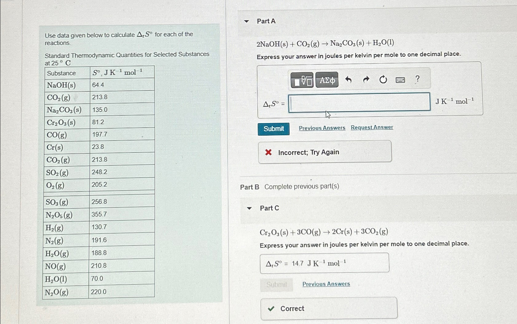 Solved Part AUse data given below to calculate ΔΓS° ﻿for | Chegg.com