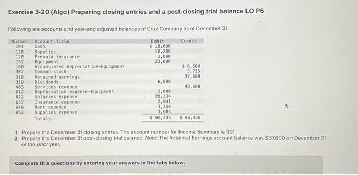 Solved Exercise 3-20 (Algo) Preparing closing entries and a | Chegg.com