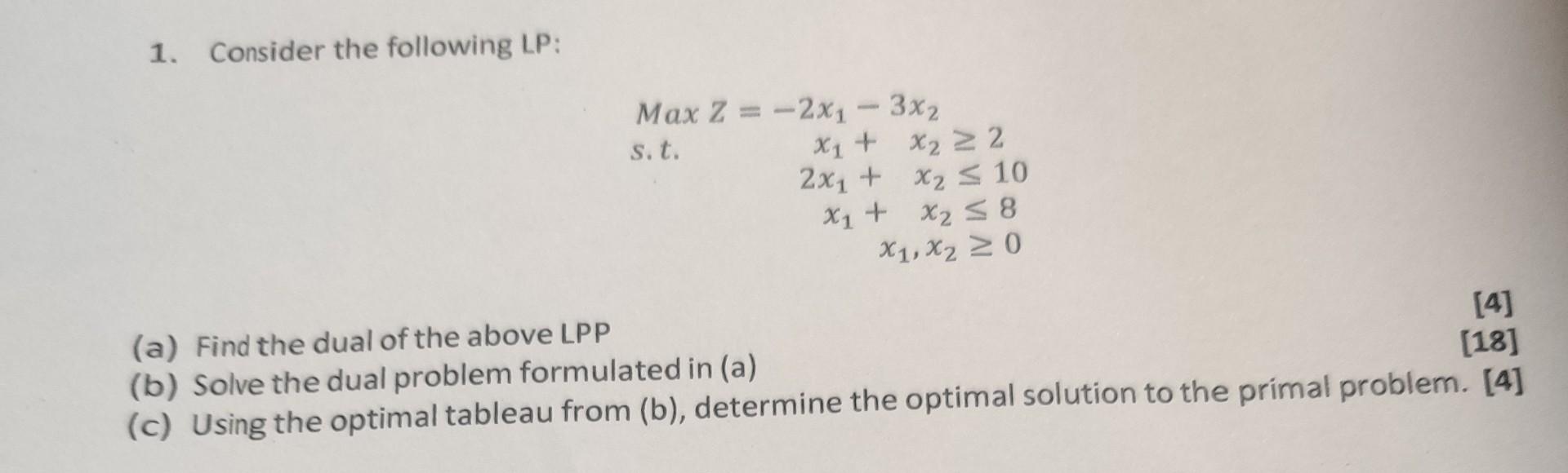Solved 1. Consider the following LP: MaxZ=−2x1−3x2 s.t. | Chegg.com