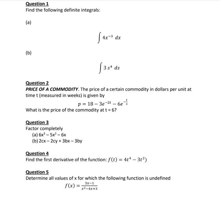 Solved Question 1 Find the following definite integrals: (a) | Chegg.com