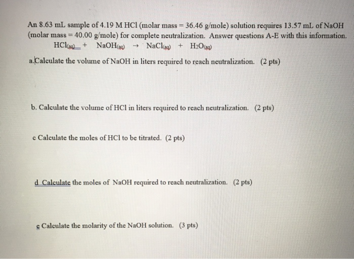 Solved An 8.63 mL sample of 4.19 M HCl (molar mass = 36.46 | Chegg.com