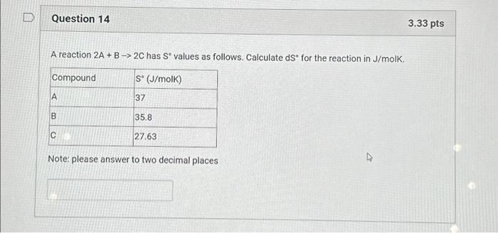 Solved Question 14 A Reaction 2a B 2c Has Sº Values As