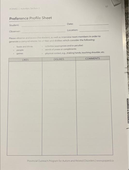 Preference Profile Sheet Student: Date: Observer: | Chegg.com