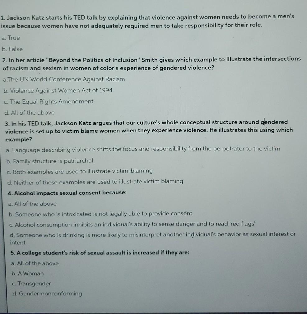 Solved 1. Jackson Katz starts his TED talk by explaining | Chegg.com