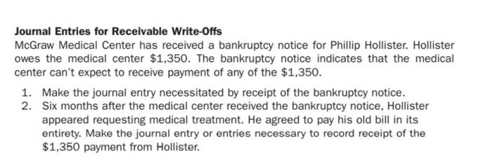 Solved Journal Entries for Receivable Write-Offs McGraw | Chegg.com