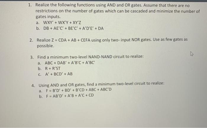 Solved 1. Realize the following functions using AND and OR | Chegg.com