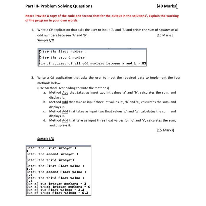 Solved Part III- Problem Solving Questions [40 Marks) Note: | Chegg.com