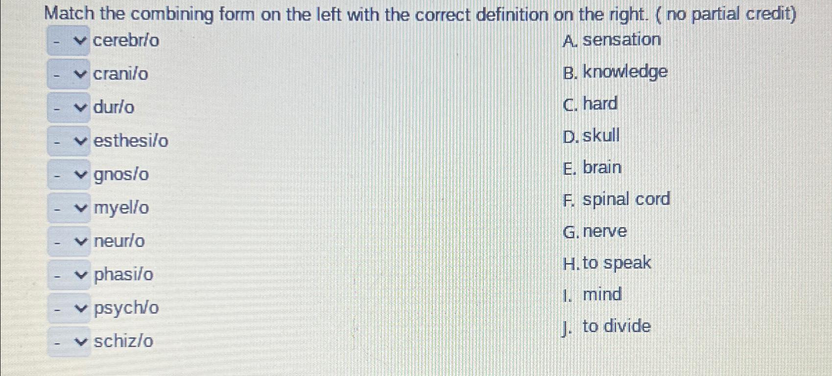 Solved Match the combining form on the left with the correct | Chegg.com