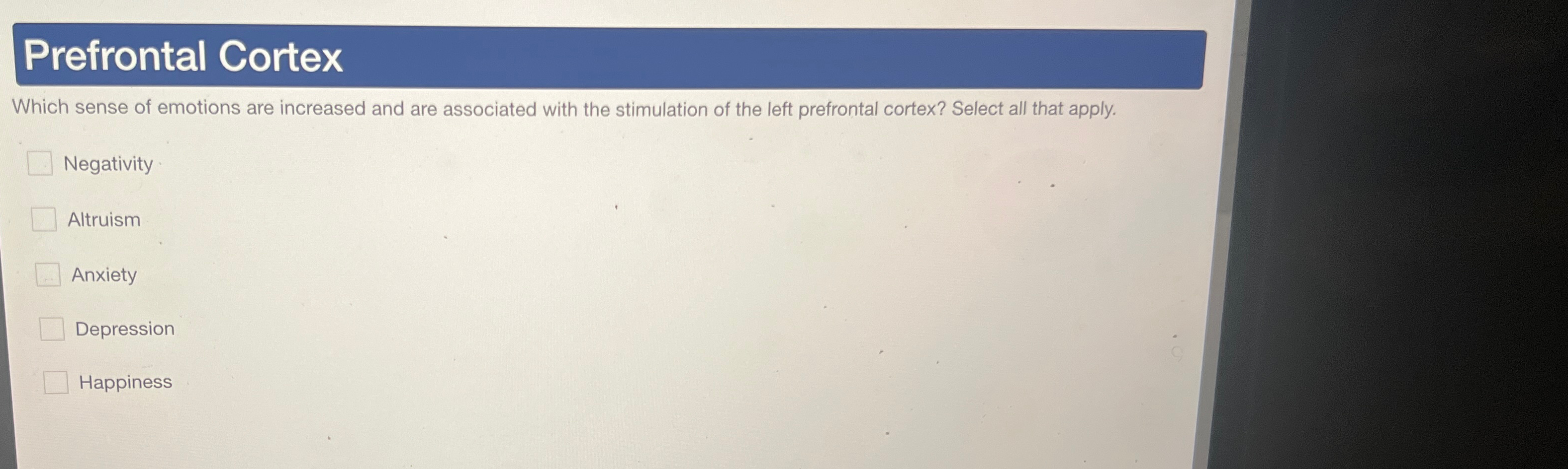 Solved Prefrontal CortexWhich sense of emotions are | Chegg.com