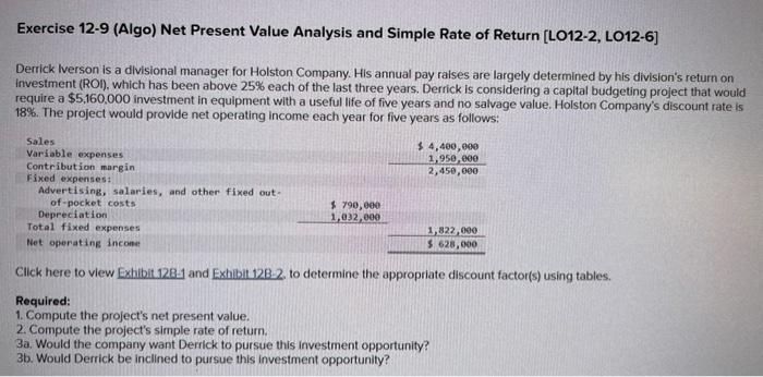 Solved Exercise 12-9 (Algo) Net Present Value Analysis and | Chegg.com
