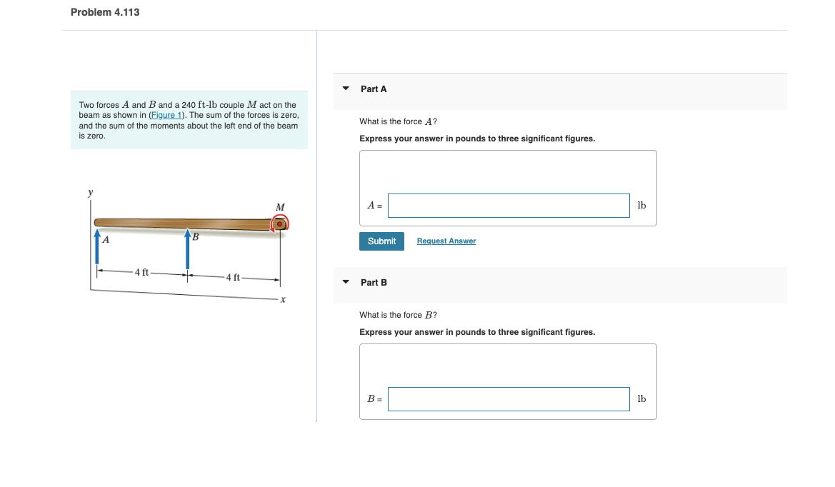 Solved Problem 4.113Two forces A and B ﻿and a 240ft-lb | Chegg.com