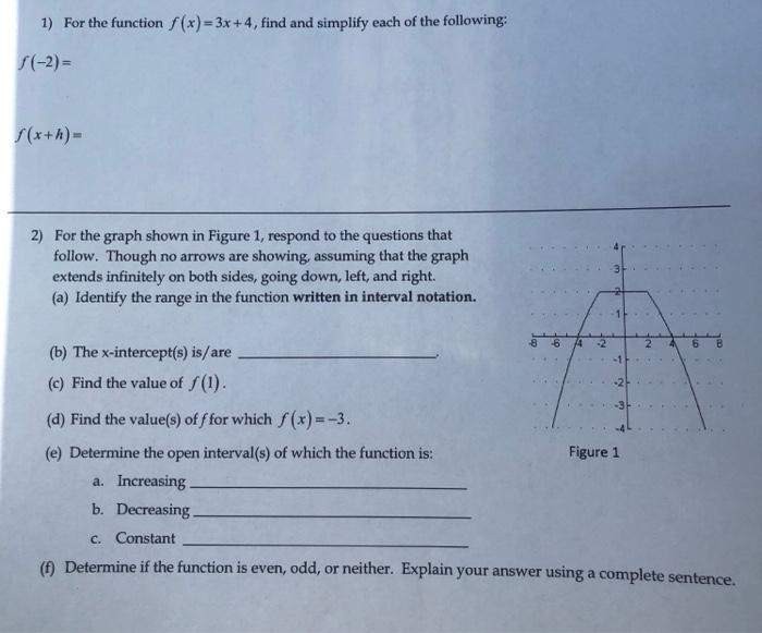 Solved 1) For the function f(x) = 3x + 4, find and simplify | Chegg.com
