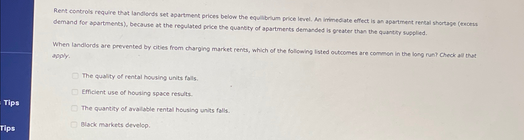 Solved Rent controls require that landlords set apartment | Chegg.com