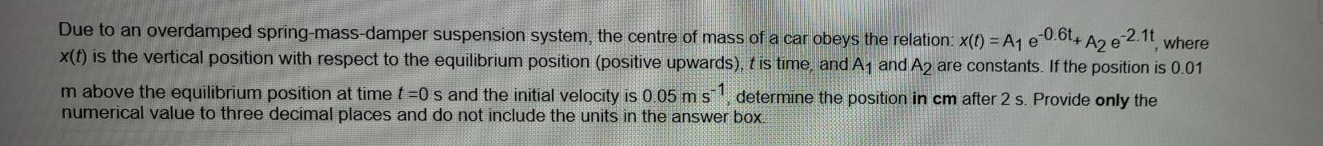 Solved Due to an overdamped spring-mass-damper suspension | Chegg.com