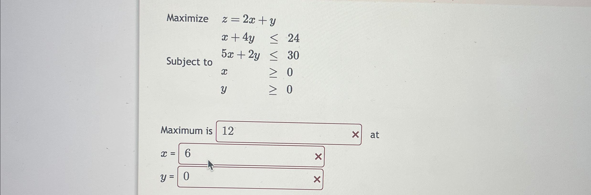 Solved Maximize ﻿Maximize z=2x+y,x+4y≤24 ﻿Subject | Chegg.com