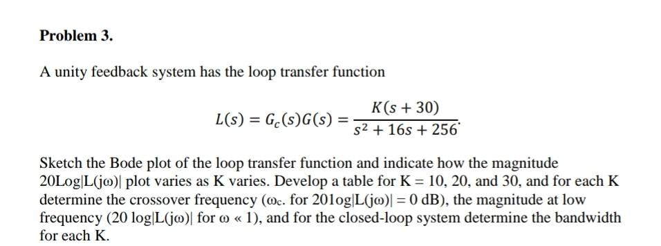 Solved Problem 3. A unity feedback system has the loop | Chegg.com