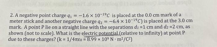 Solved 2. A negative point charge q1=−1.6×10−19C is placed | Chegg.com
